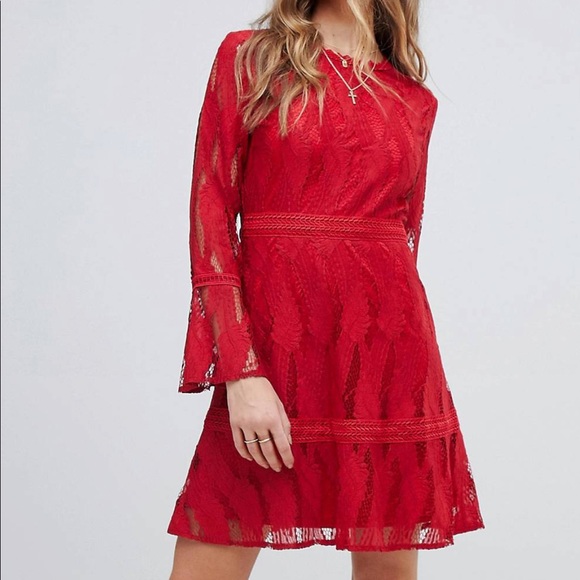 Boohoo | Dresses | Boohoo Bell Sleeve Lace Dress In Red | Poshmark